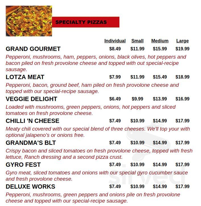 Grandma's Pizza & Pasta menu in Columbus, Ohio, USA