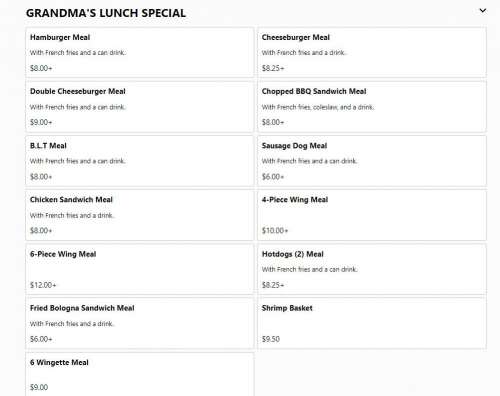 Grandma's Snack Shack menu in Fairmont, North Carolina, USA