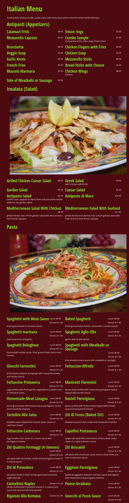 Pomodoro Restaurant menu in Sterling, Virginia, USA