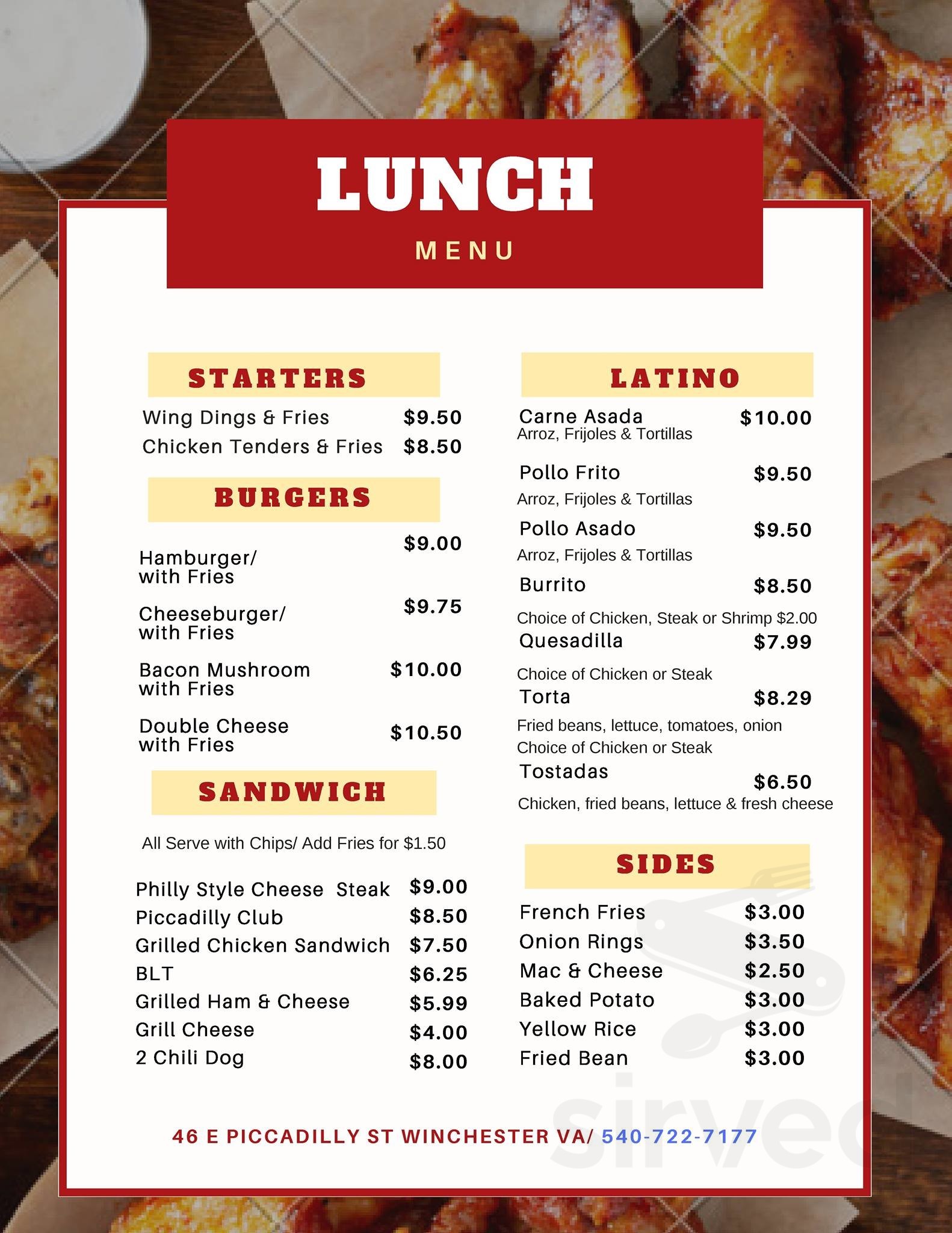 Menu for Piccadilly Grill Diner in Winchester, Virginia, United States