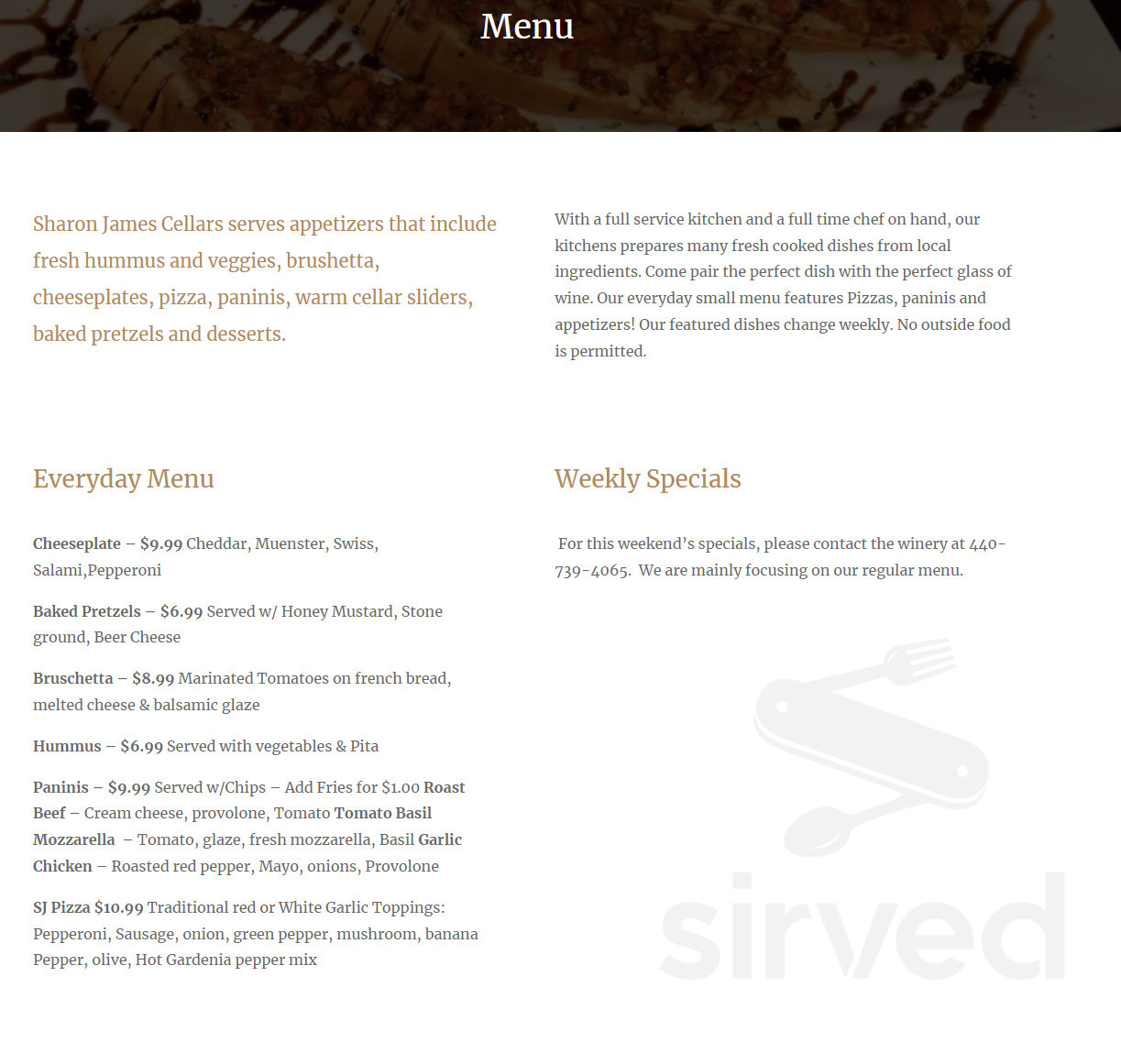 Menu for Sharon James Cellars in Newbury Township, OH | Sirved