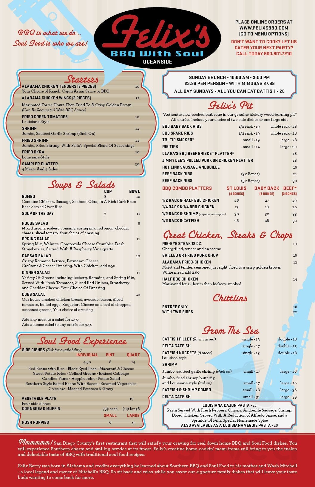 Felix's BBQ with Soul menu in San Marcos, California, USA