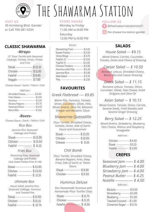 The Shawarma Station menu in Gander, Newfoundland and Labrador, Canada