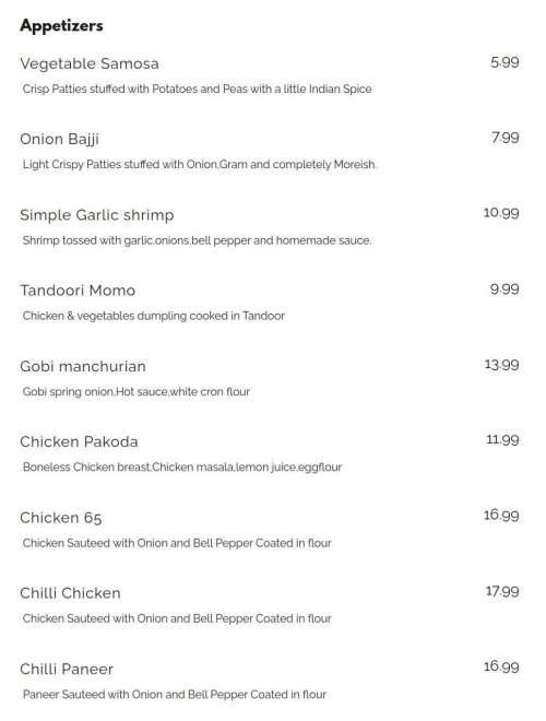 Simply Indian menu in Miami, Florida, USA