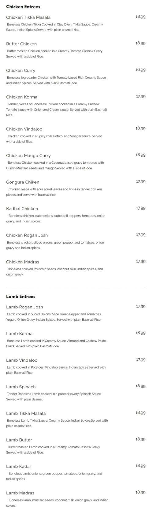 Simply Indian menu in Miami, Florida, USA