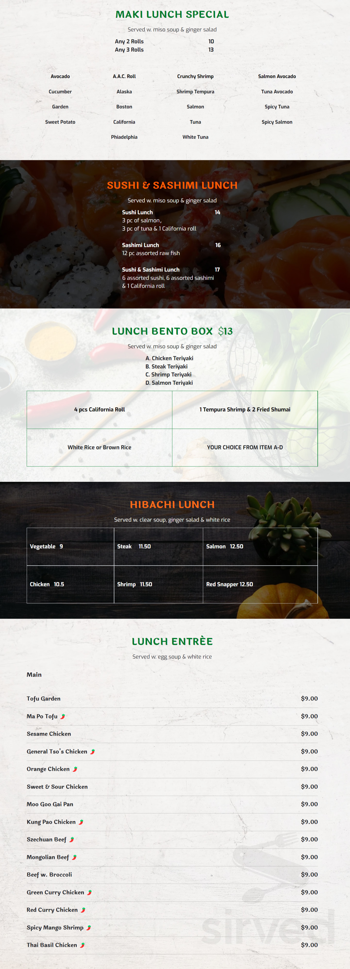 Four Leaves Asian Restaurant menu in Huntsville, Alabama, USA