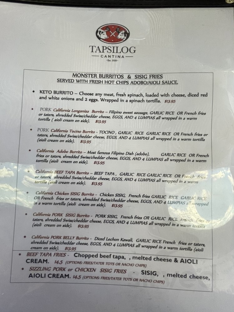 Tapsilog Cantina menu in Santa Clara, California, USA