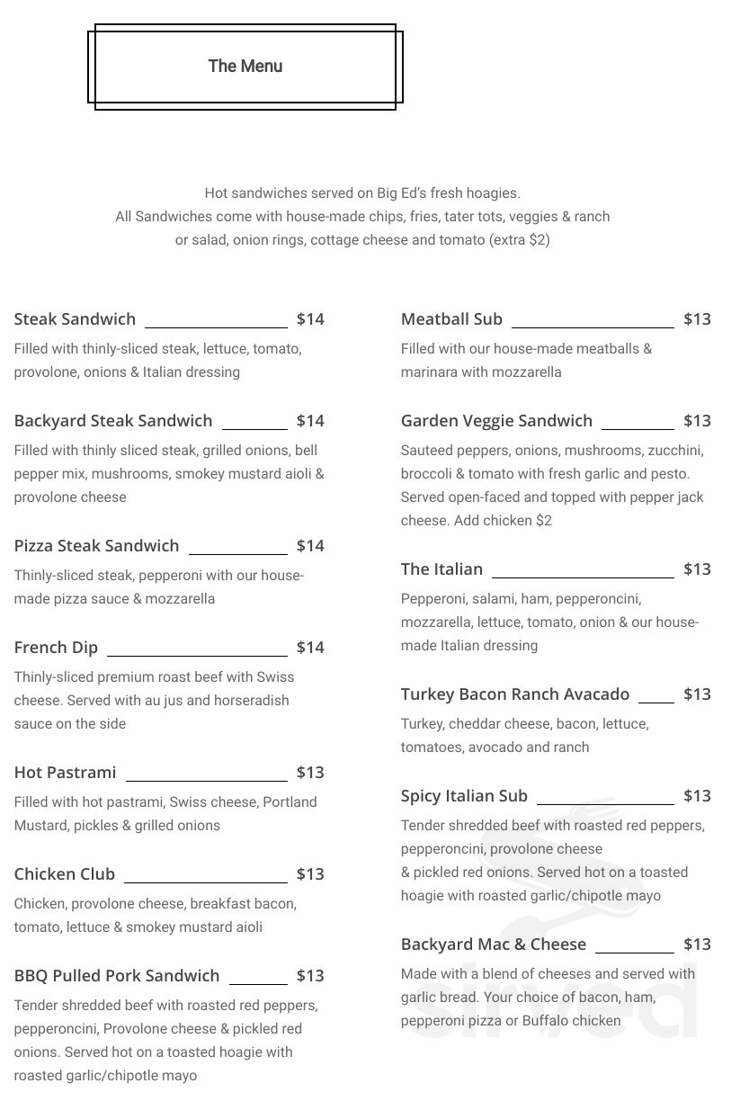 Menu - Bend OR's Backyard Brick Oven Pizza & Sports Pub | Sirved