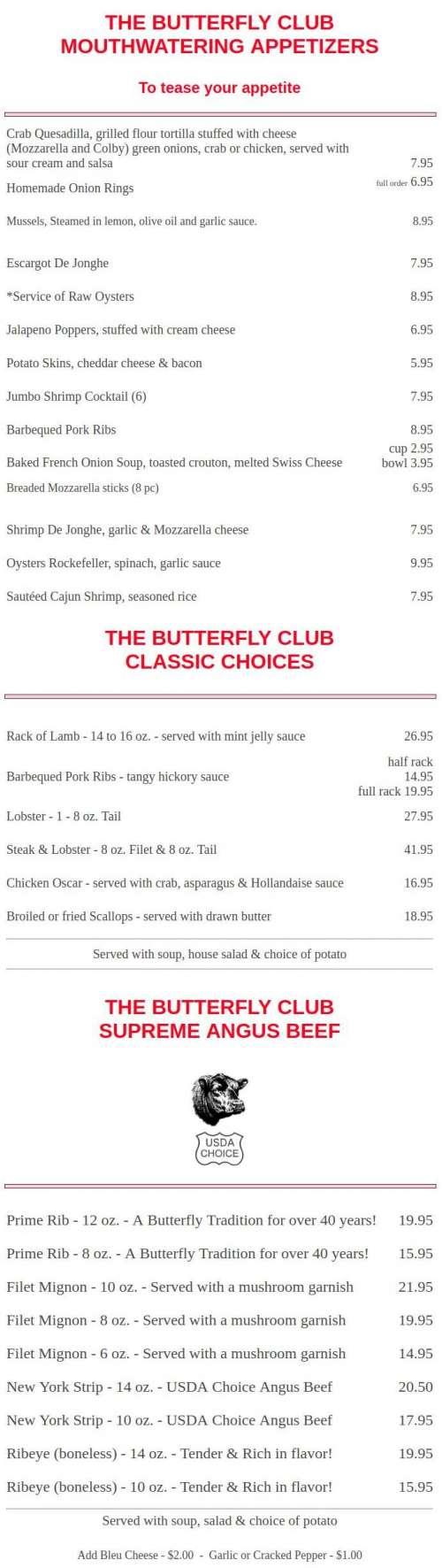 The Butterfly Club menu in Beloit, Wisconsin, USA