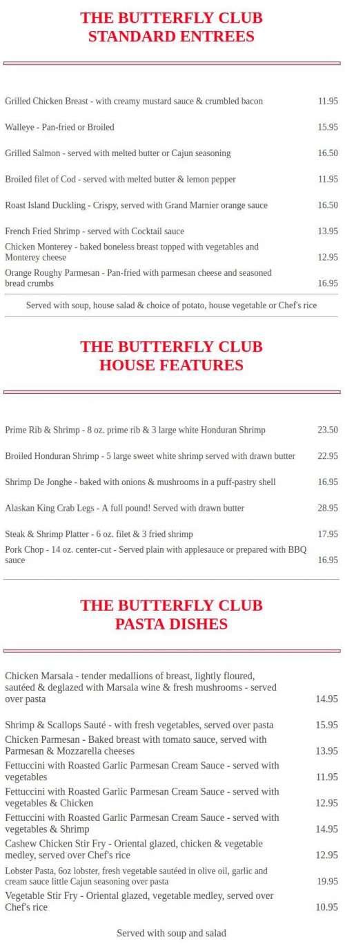 The Butterfly Club menu in Beloit, Wisconsin, USA
