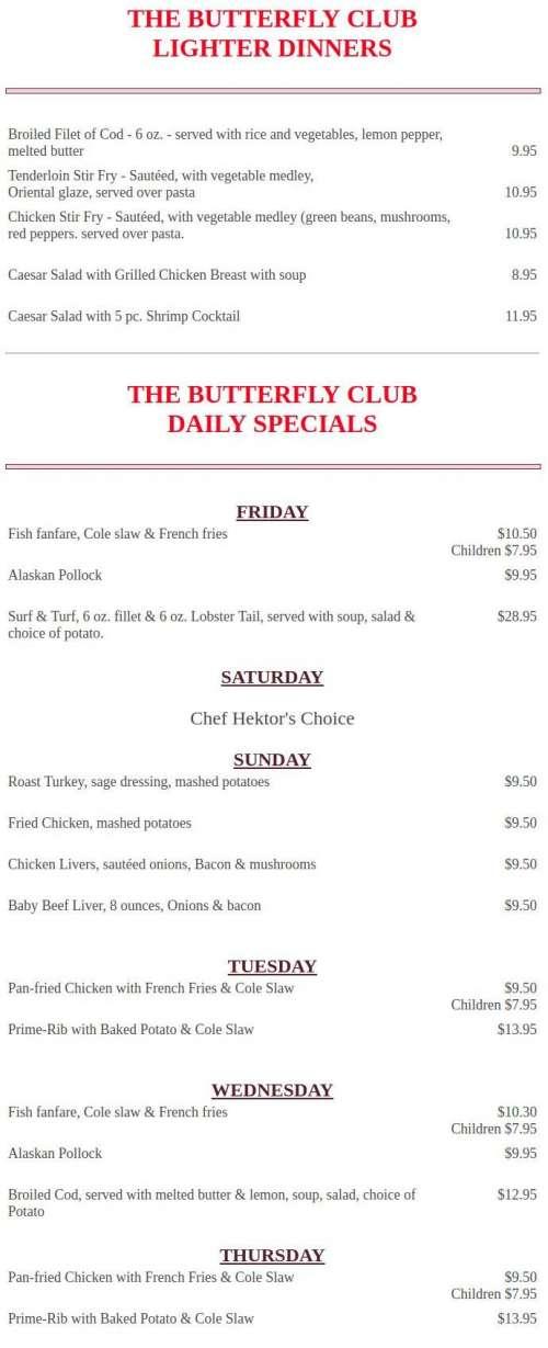 The Butterfly Club menu in Beloit, Wisconsin, USA