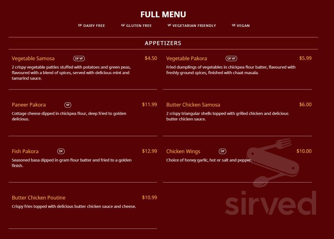 Menu for Chefs Butter Chicken in Edmonton, Alberta, Canada