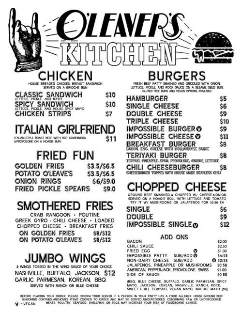 O'Leaver's Pub menu in Omaha, Nebraska, USA