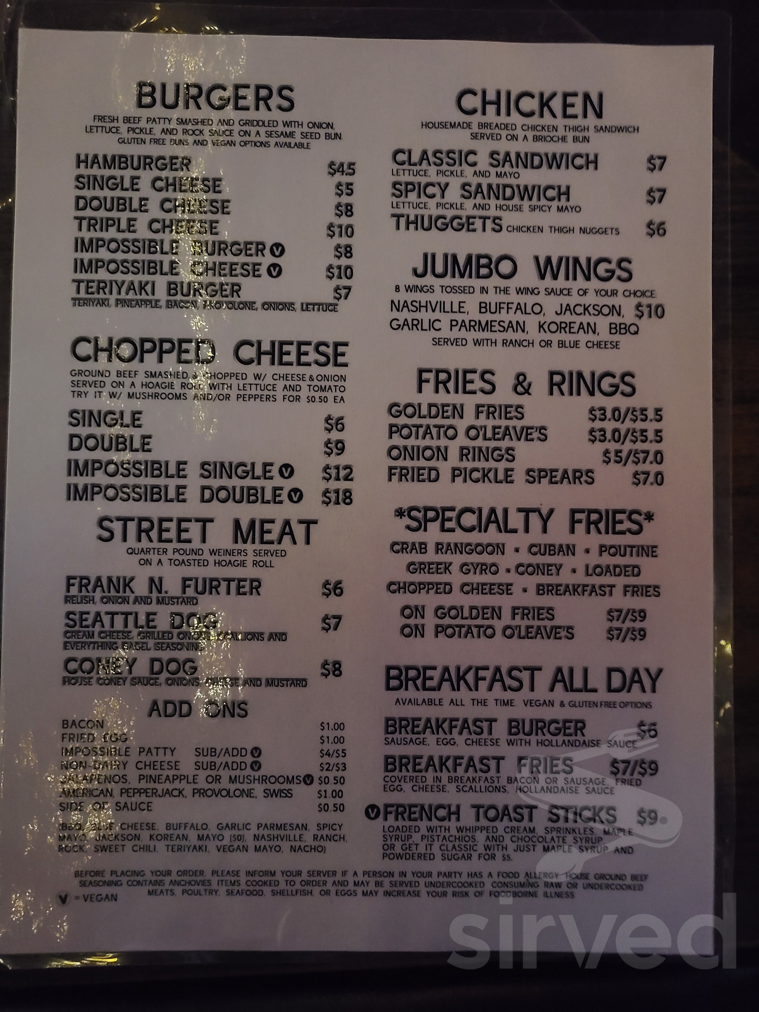 O'Leaver's Pub menu in Omaha, Nebraska, USA