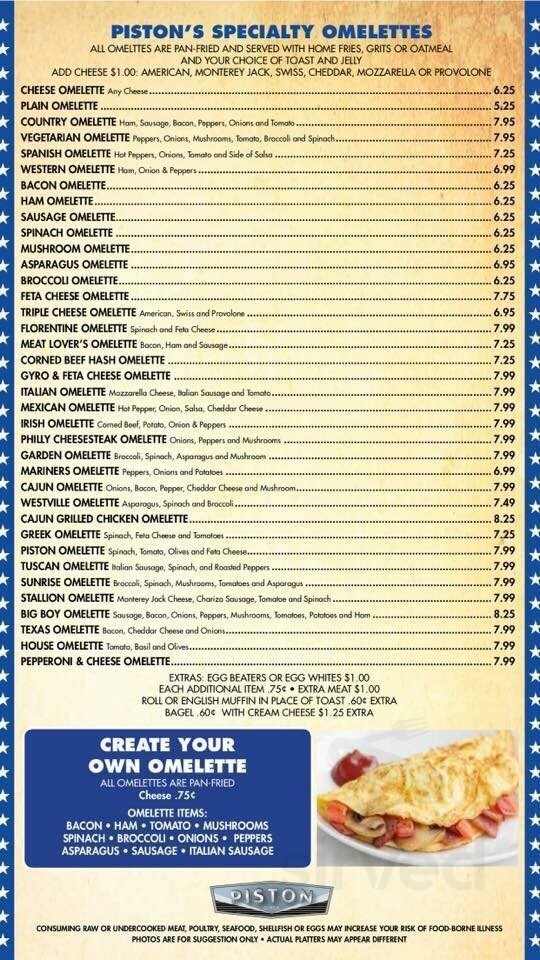 Piston Diner menu in Westville, New Jersey, USA