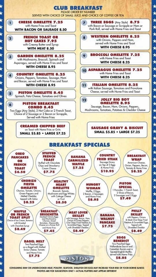 Menu for Piston Diner in Westville, NJ | Sirved