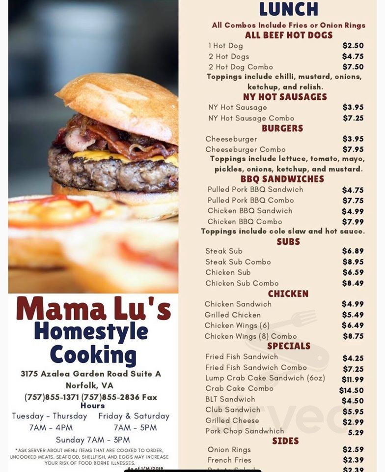 Mama Lu's Home Style Cooking menu in Norfolk, Virginia, USA