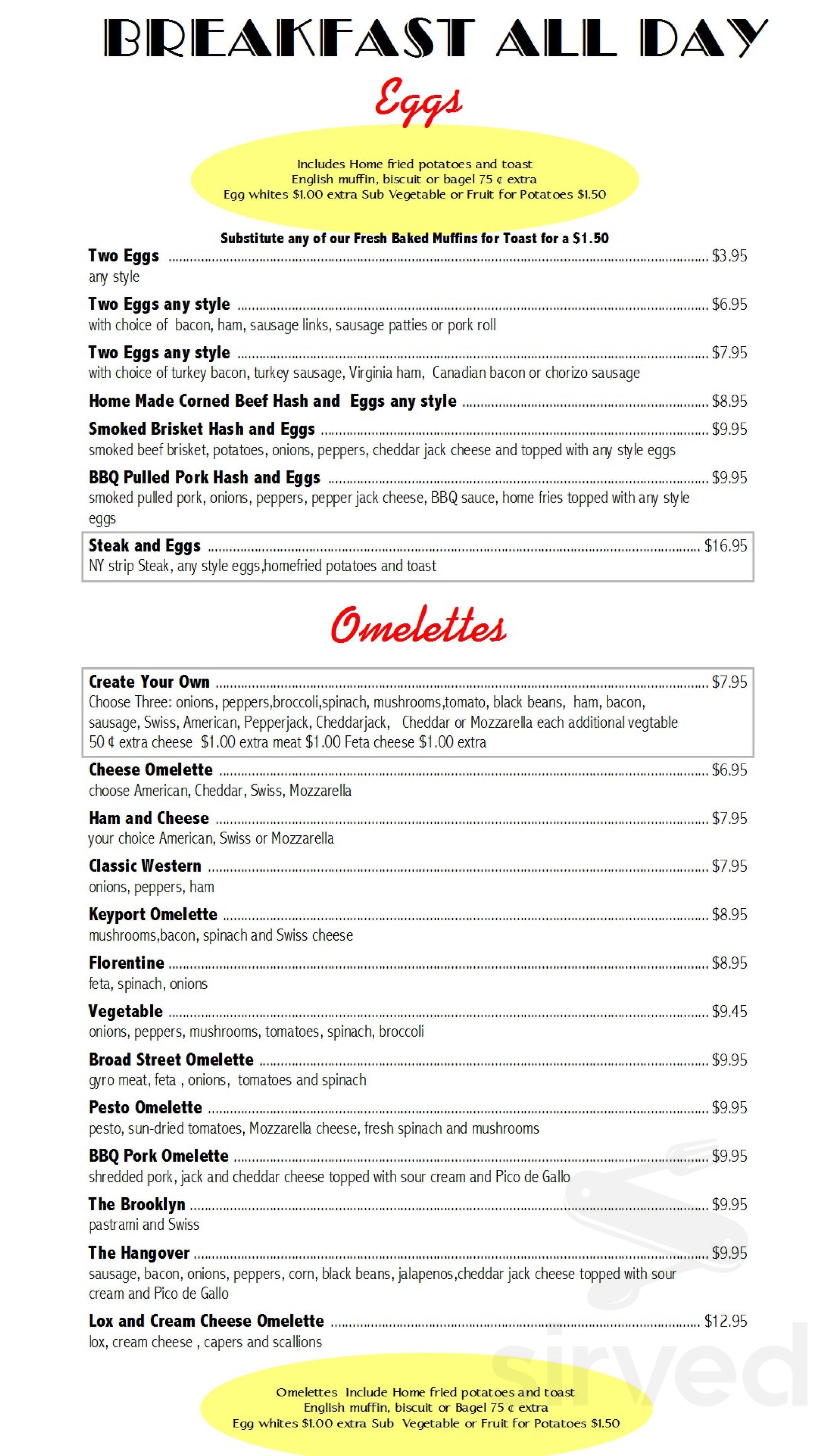 Broad Street Diner menu in Keyport, New Jersey, USA