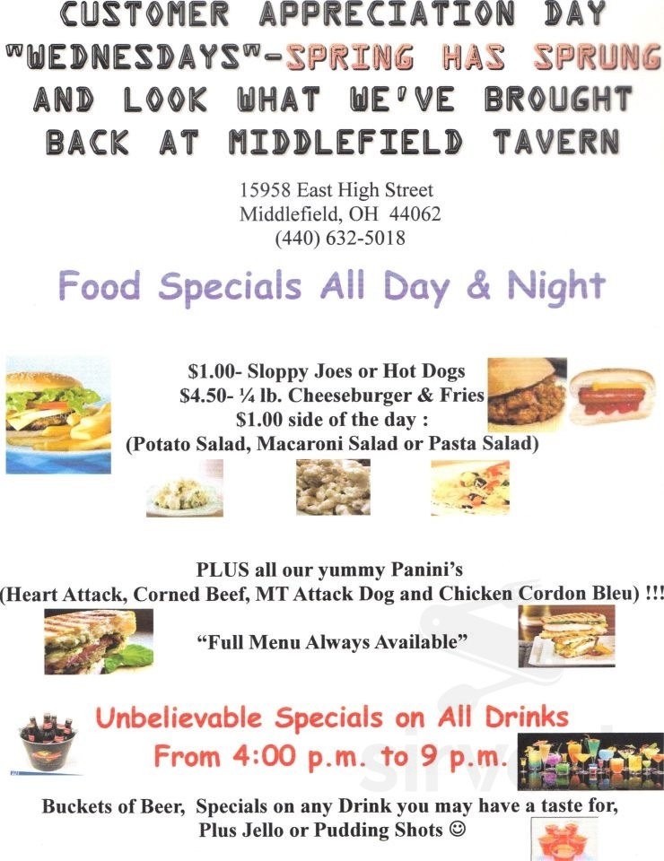 Menu for Middlefield Tavern in Middlefield, OH | Sirved