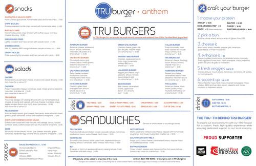Tru Burger Co. menu in Anthem, Arizona, USA