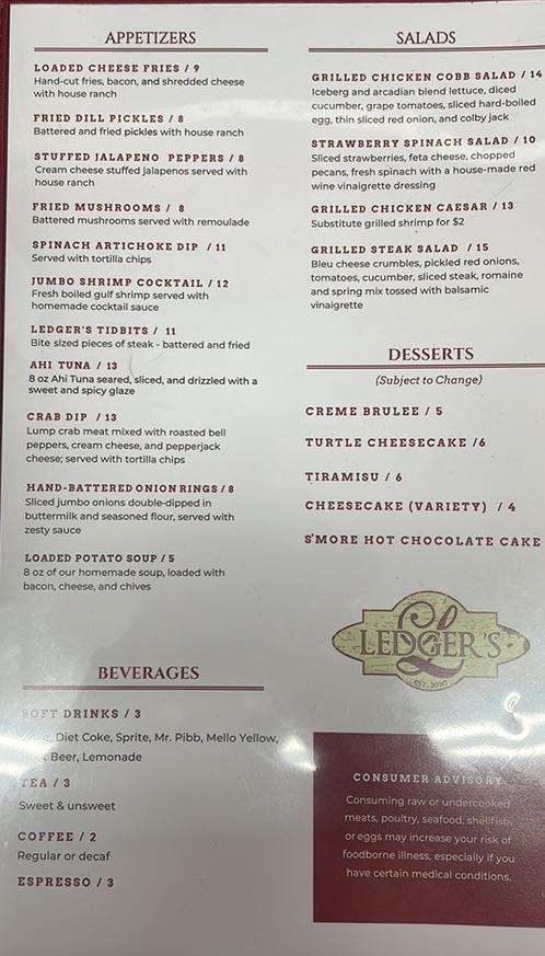 Ledgers Steakhouse and Grill menu in Cullman, Alabama, USA