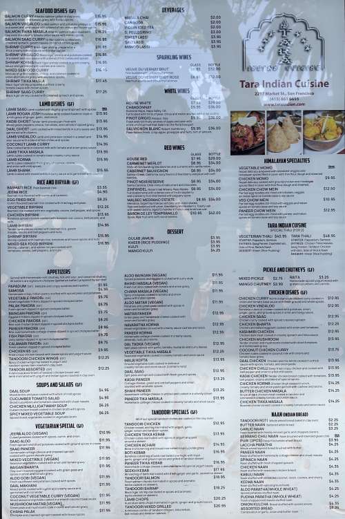 TARA INDIAN CUISINE menu in San Francisco, California, USA