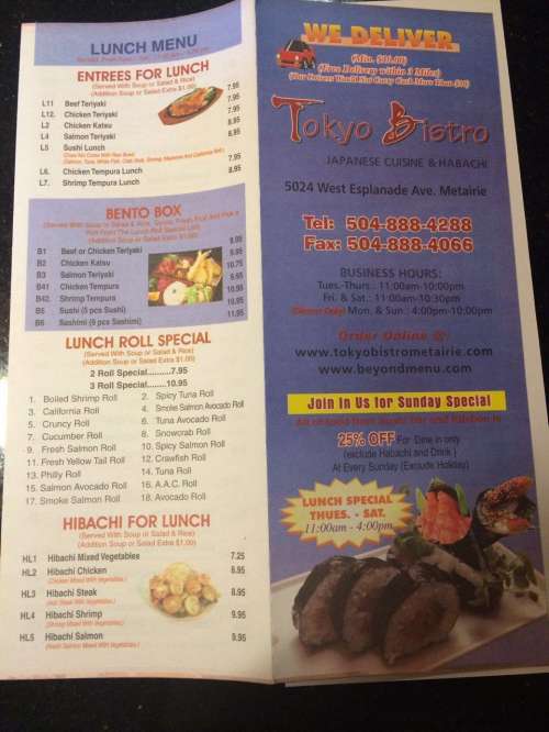 Tokyo Bistro menu in Metairie, Louisiana, USA