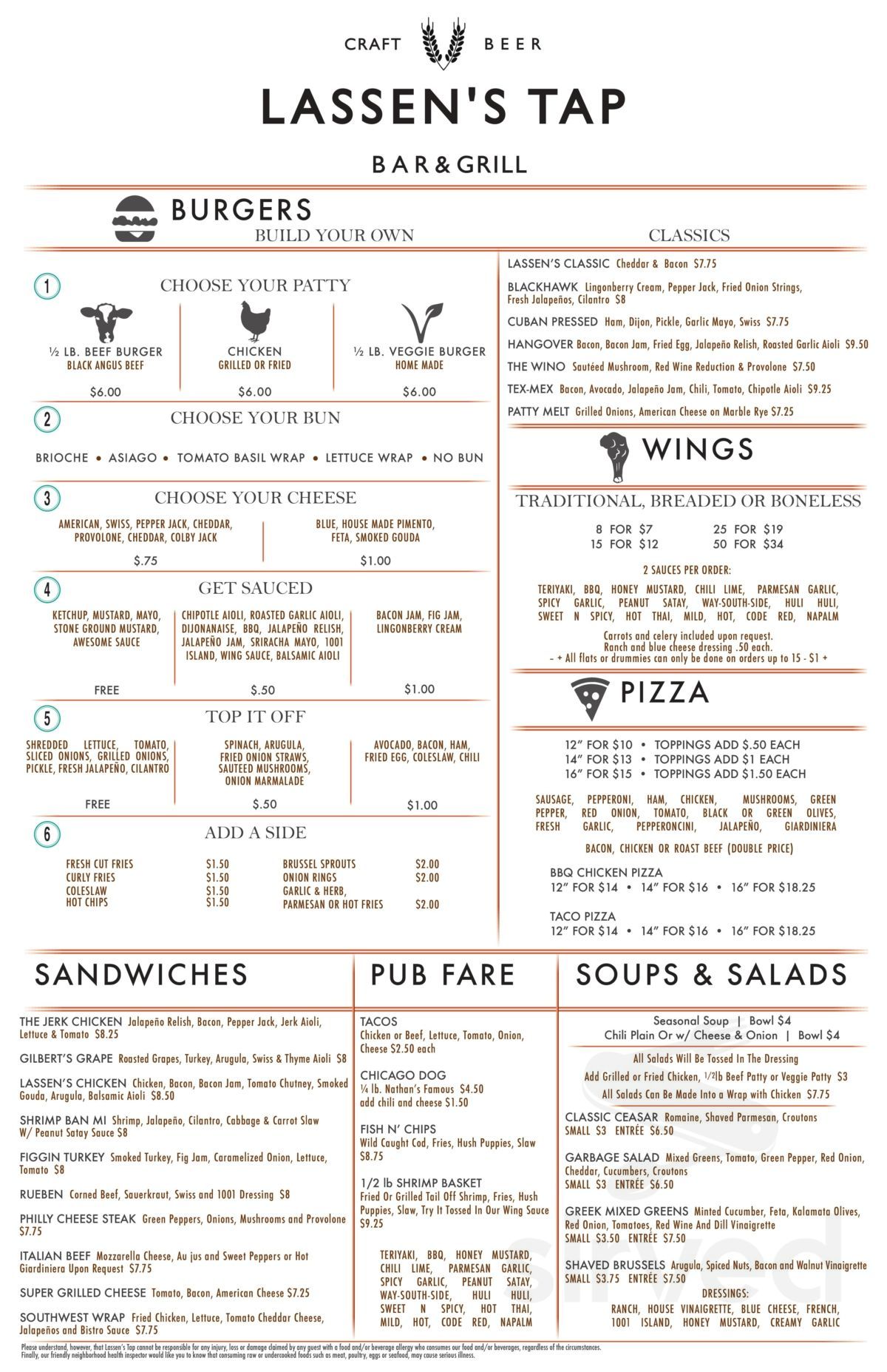 Lassen's Tap menu in Homewood, Illinois, USA