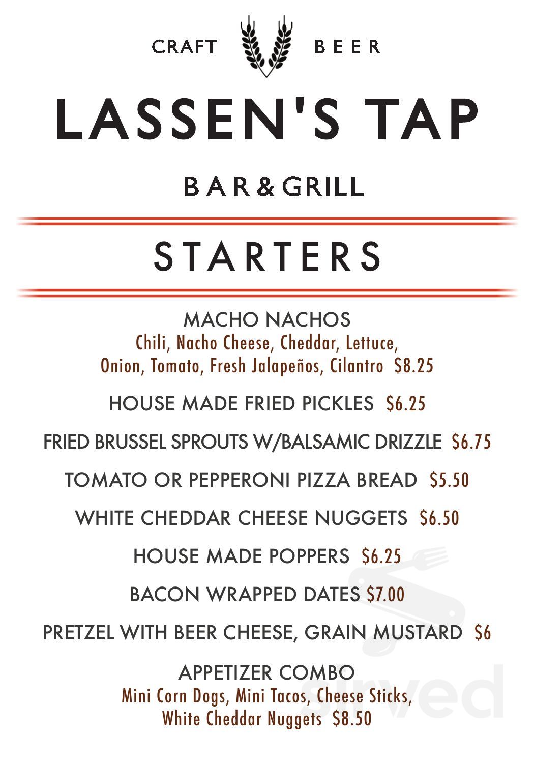 Lassen's Tap menu in Homewood, Illinois, USA