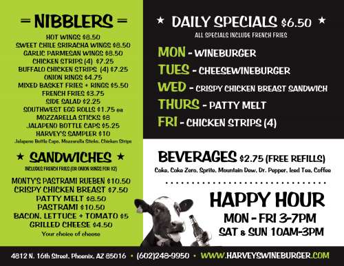 Harvey's Wineburger menu in Phoenix, Arizona, USA