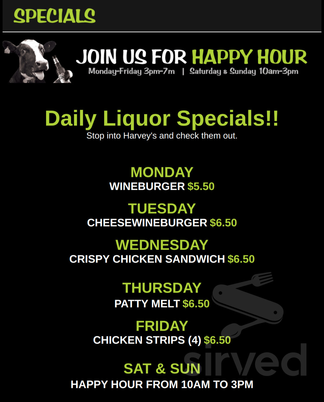 Menu for Harvey's Wineburger in Phoenix, AZ | Sirved