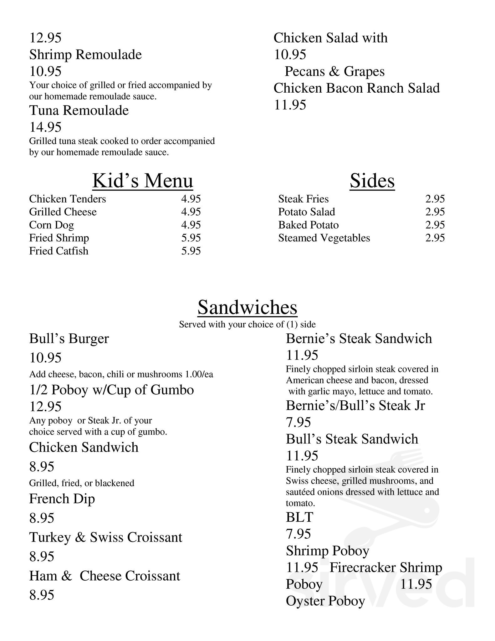 Bull s Restaurant Menus In Long Beach Mississippi United States