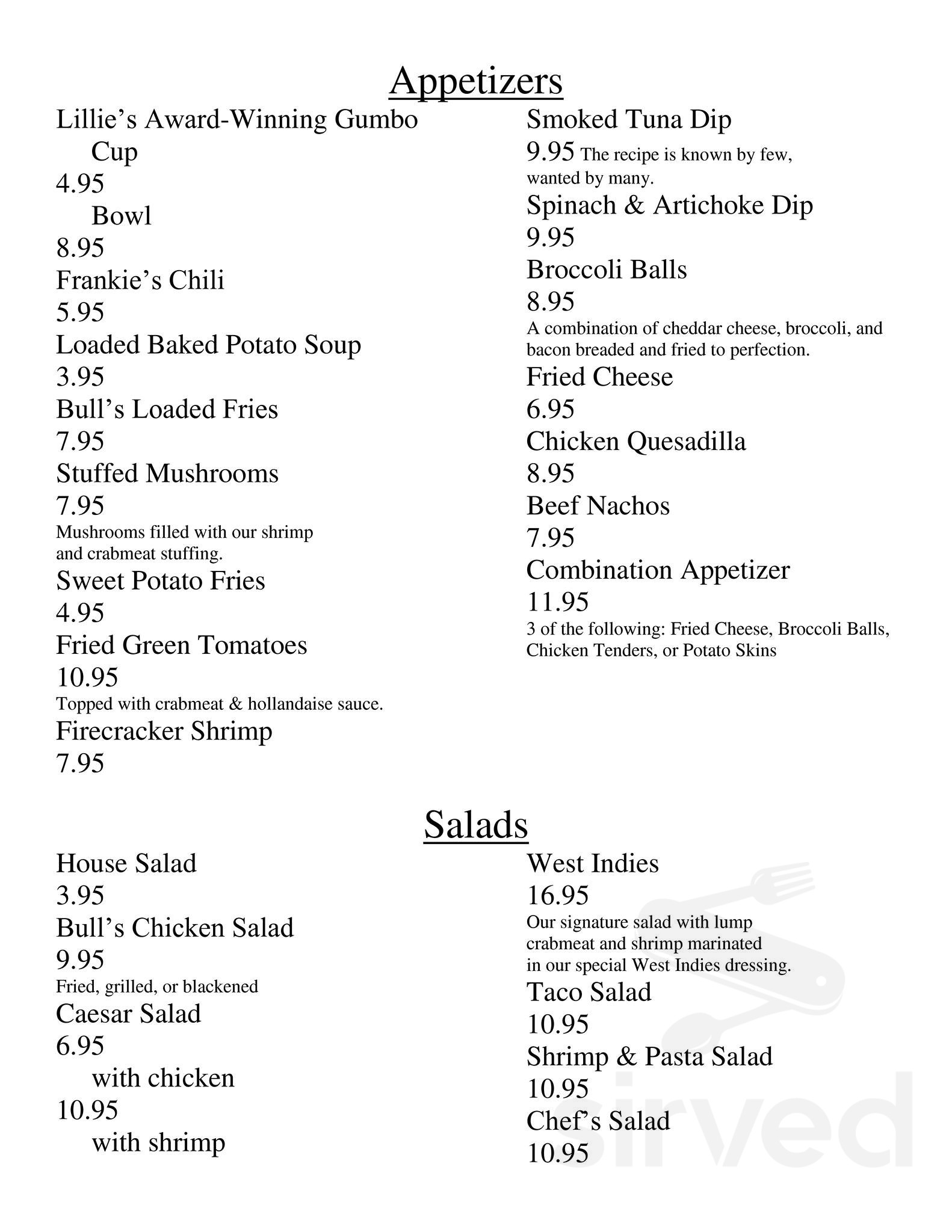 Bull s Restaurant Menus In Long Beach Mississippi United States