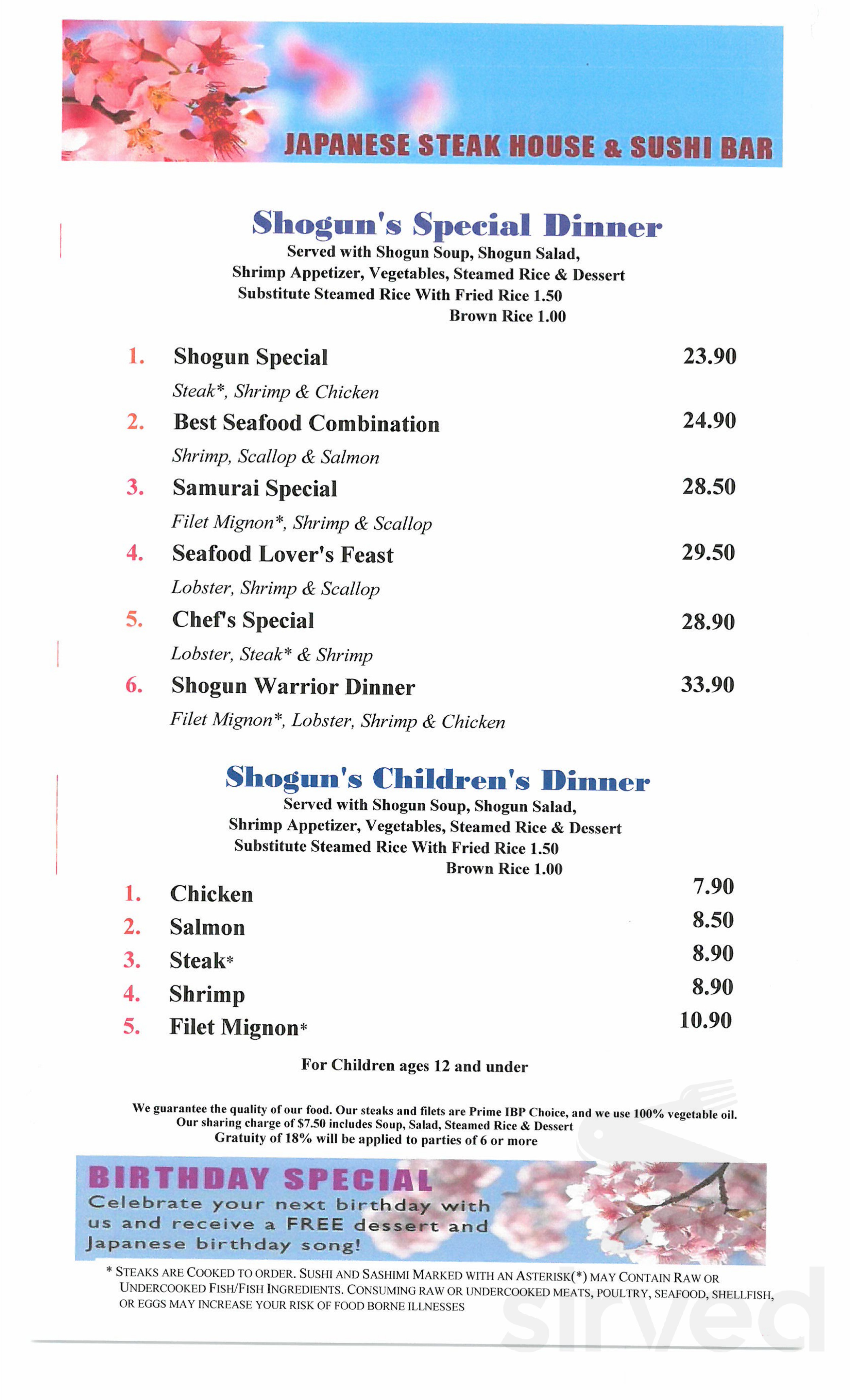 Shogun Japanese Steak House menu in Flowery Branch, Georgia, USA
