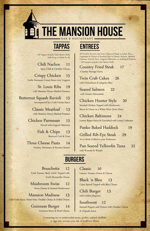 The Mansion House menu in Summit Hill, Pennsylvania, USA