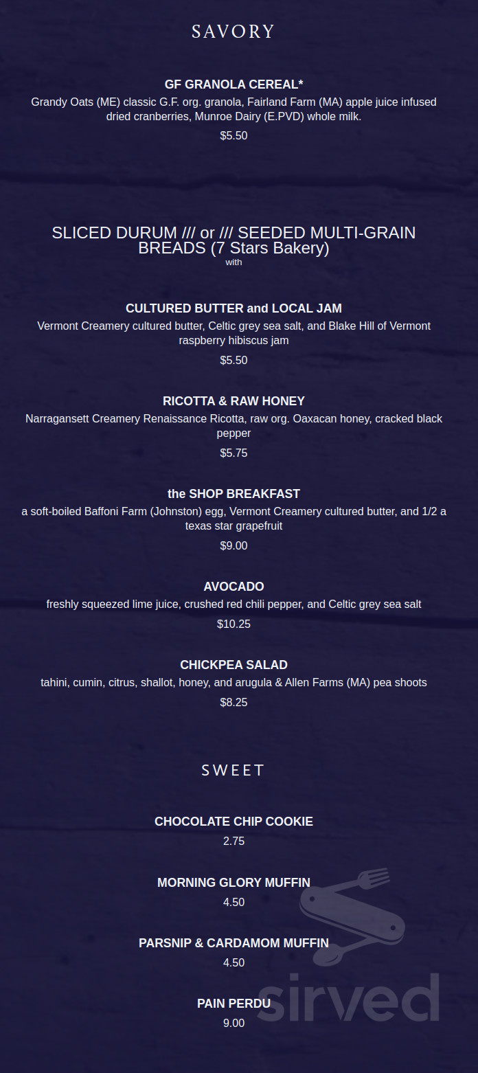 The Shop menu in Providence, Rhode Island, USA