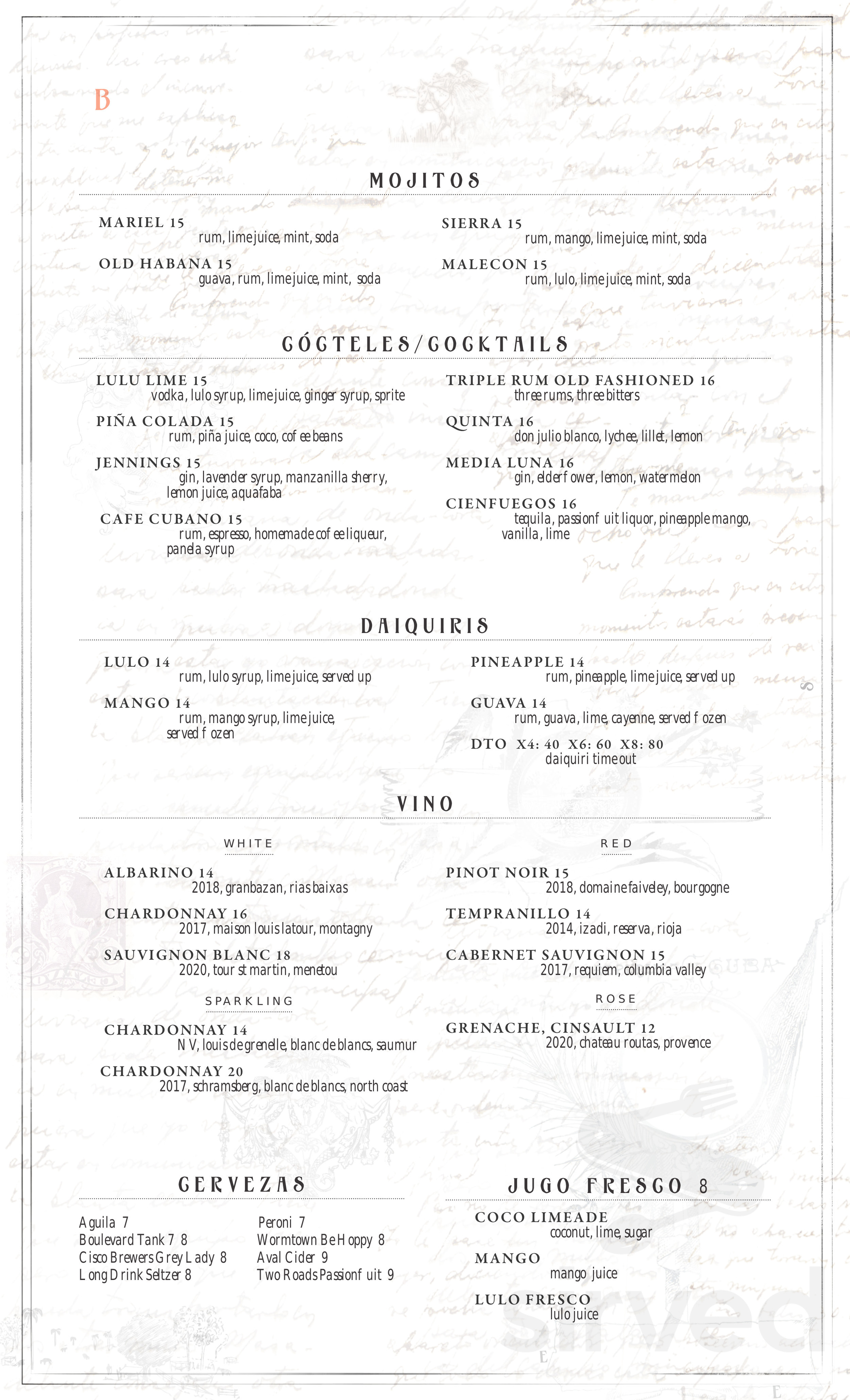 Mariel menu in Boston, Massachusetts, USA