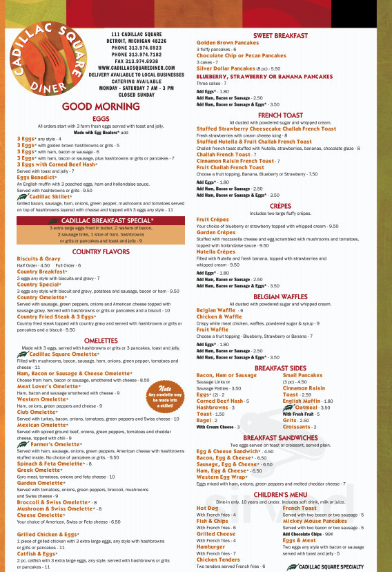 Menu for Cadillac Square Diner in Detroit, MI | Sirved