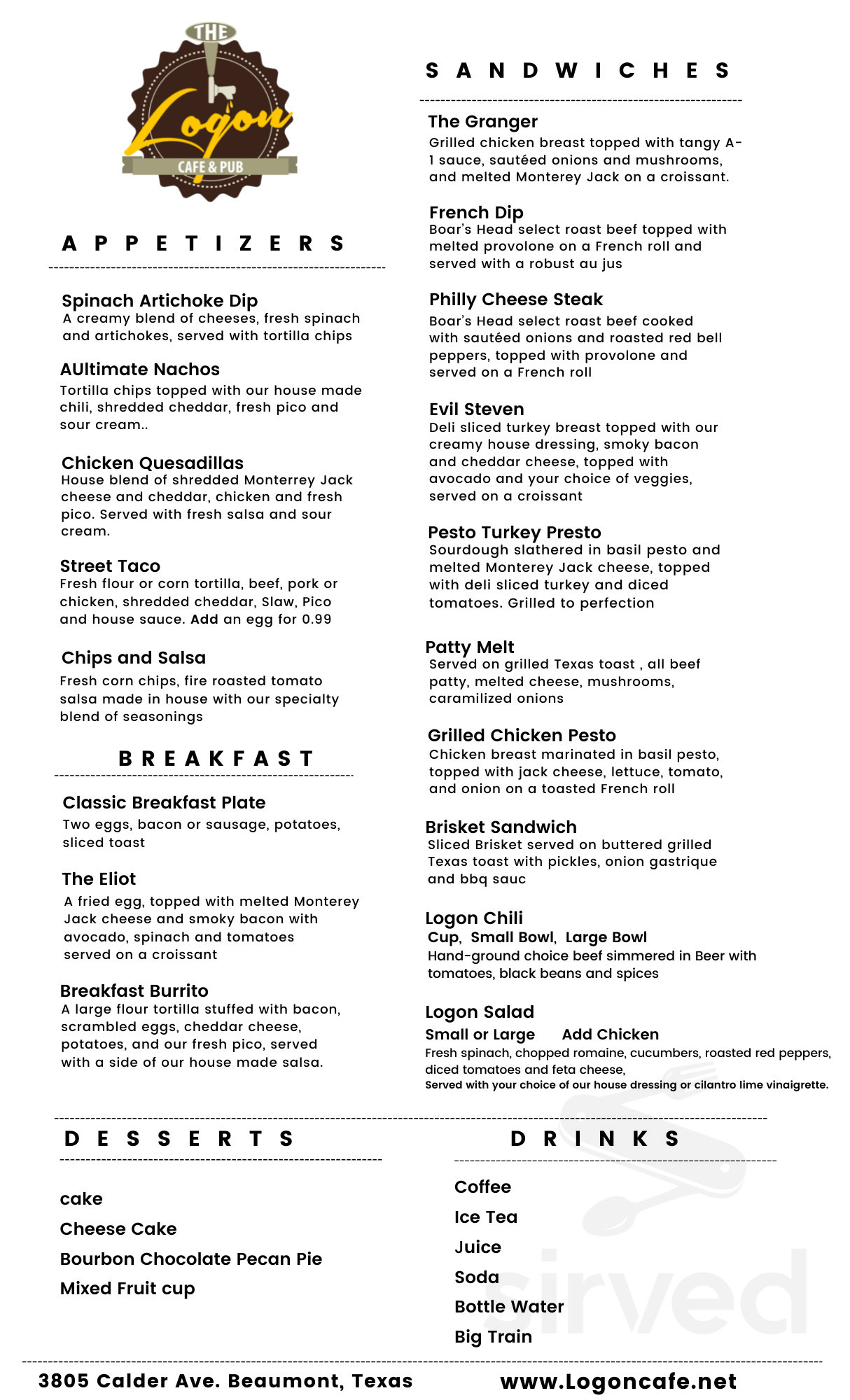 Menu - Beaumont TX's The Logon Cafe & Pub | Sirved