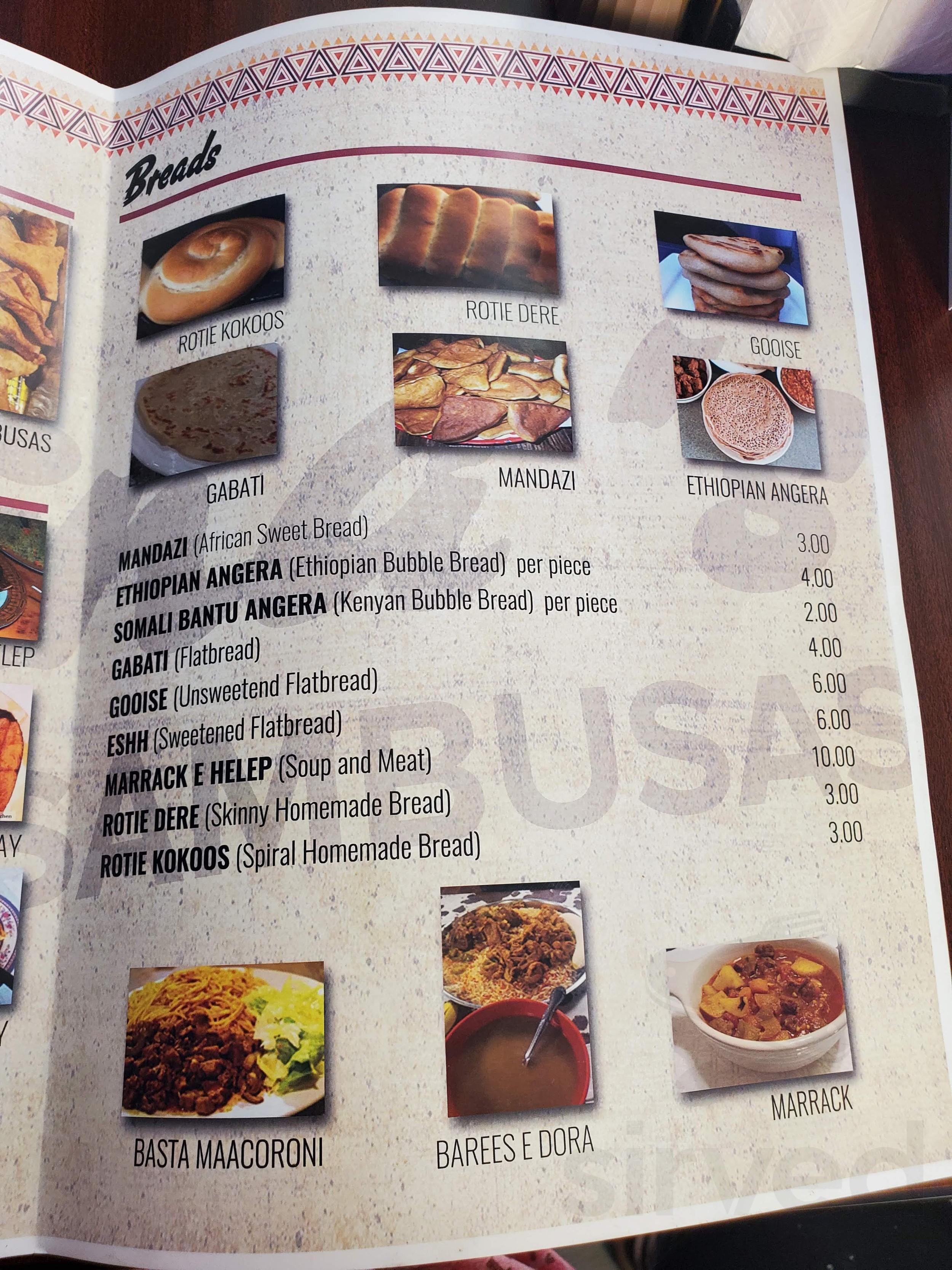 Amina's African Sambusas menu in Boise, Idaho, USA