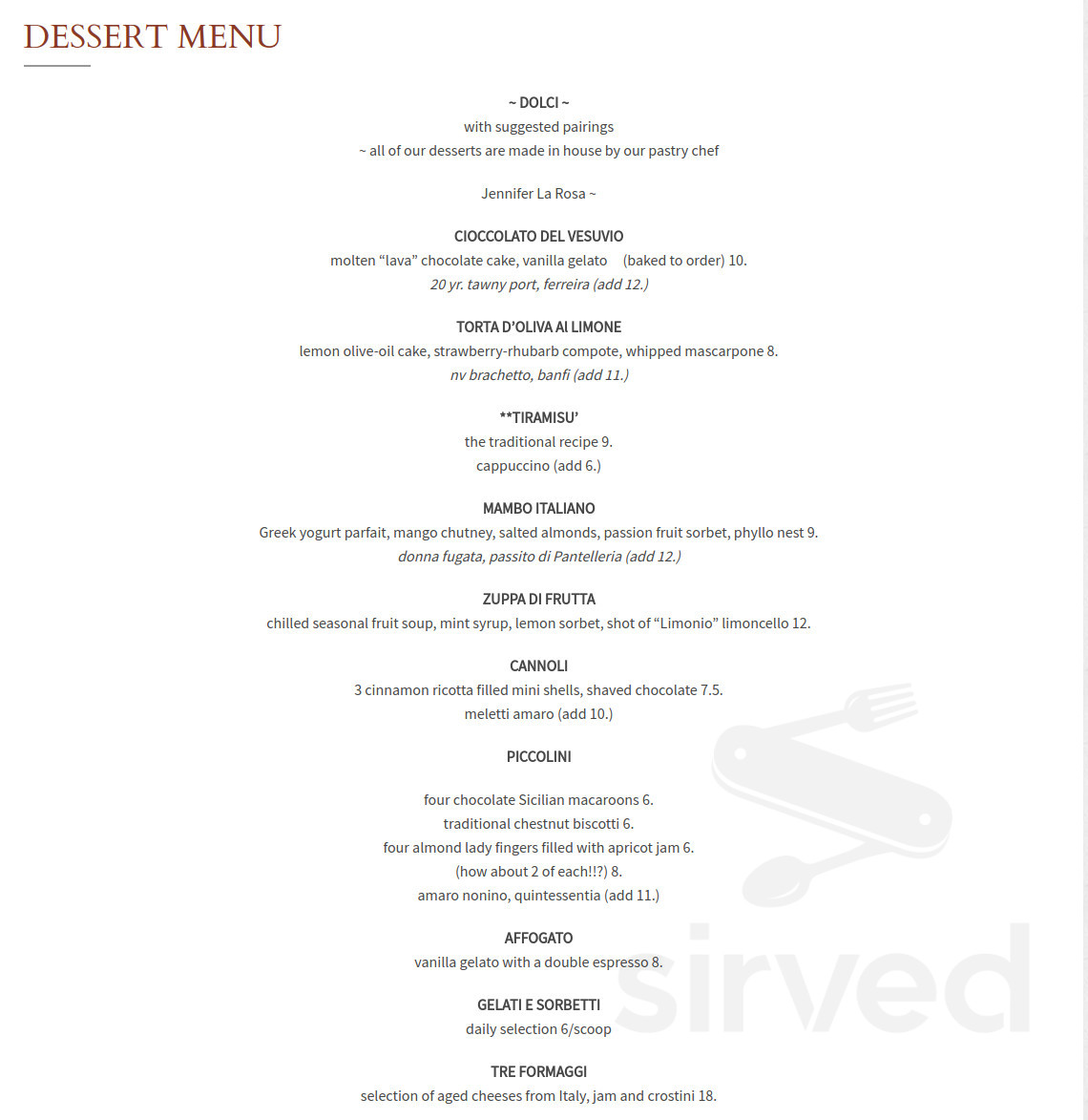 Menu - Lexington MA's il Casale Lexington | Sirved