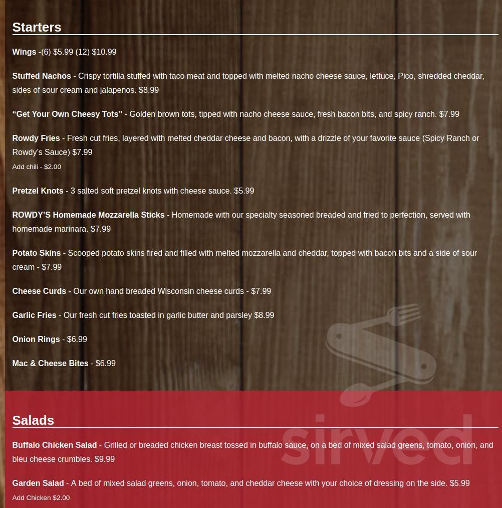 Rowdy's menu in Yorkville, Illinois, USA