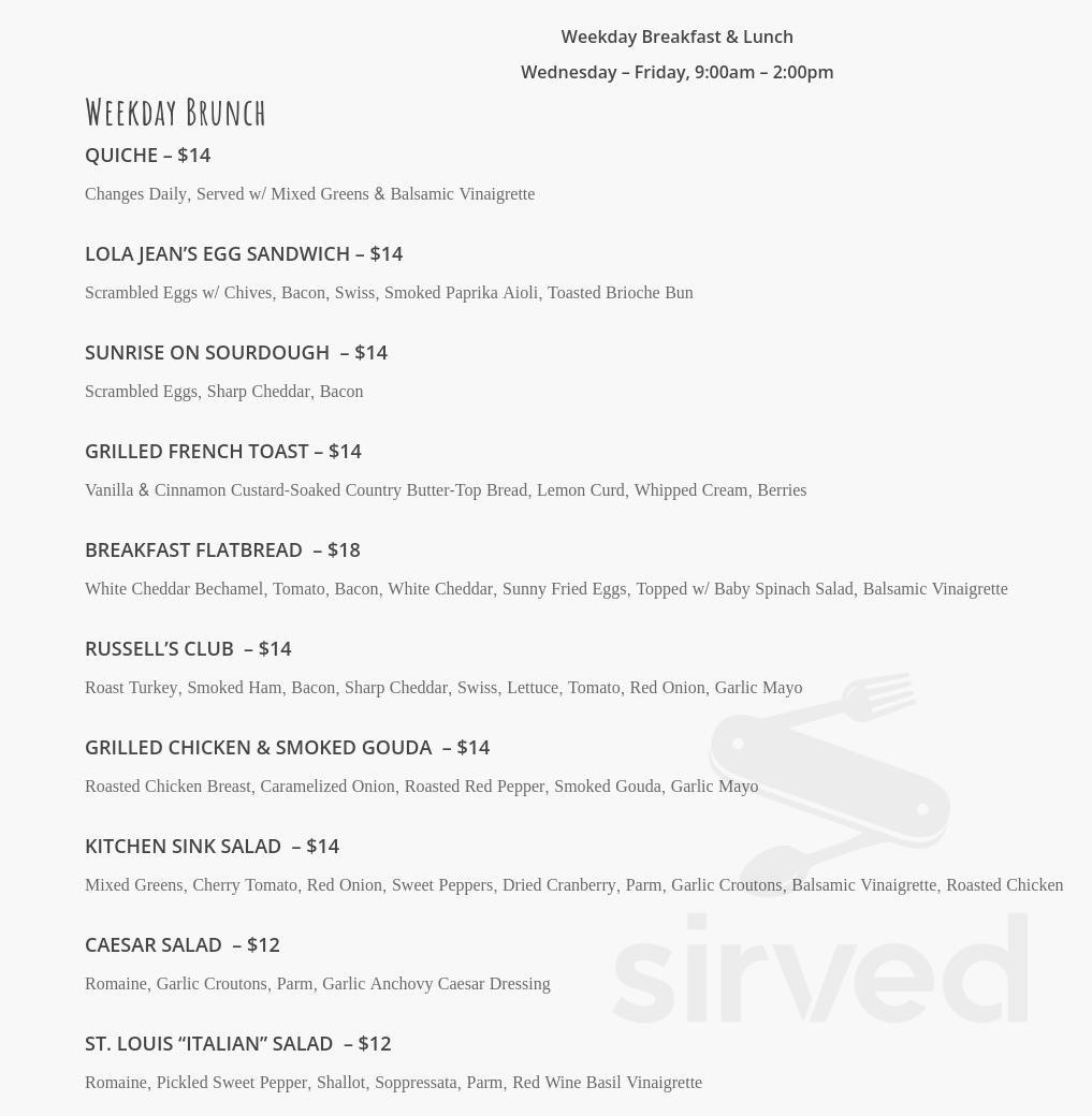 Menu for Russell's Cafe & Bakery in Fenton, MO | Sirved
