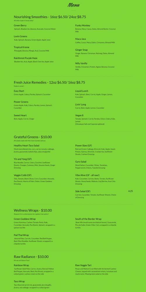 Urban Fresh menu in Tucson, Arizona, USA