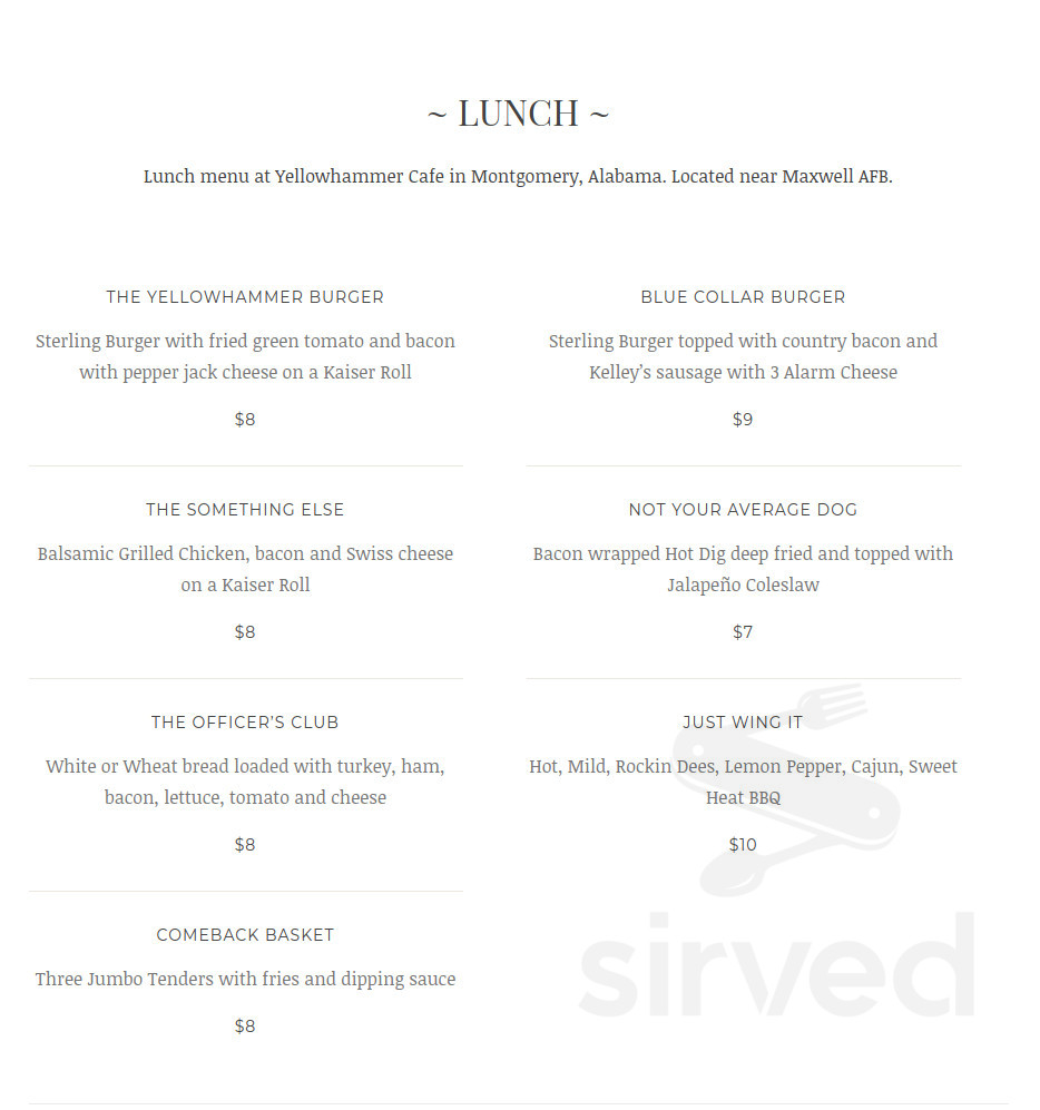 Menu for Yellowhammer Bistro, LLC in Montgomery, AL | Sirved