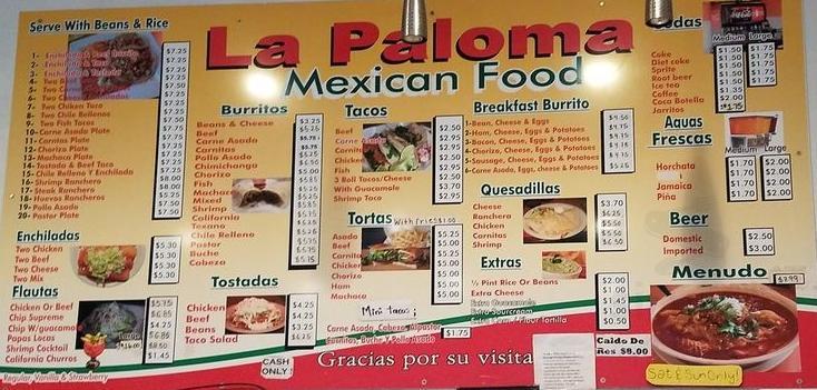 Menu for La Paloma Mexican food in Blythe, CA | Sirved