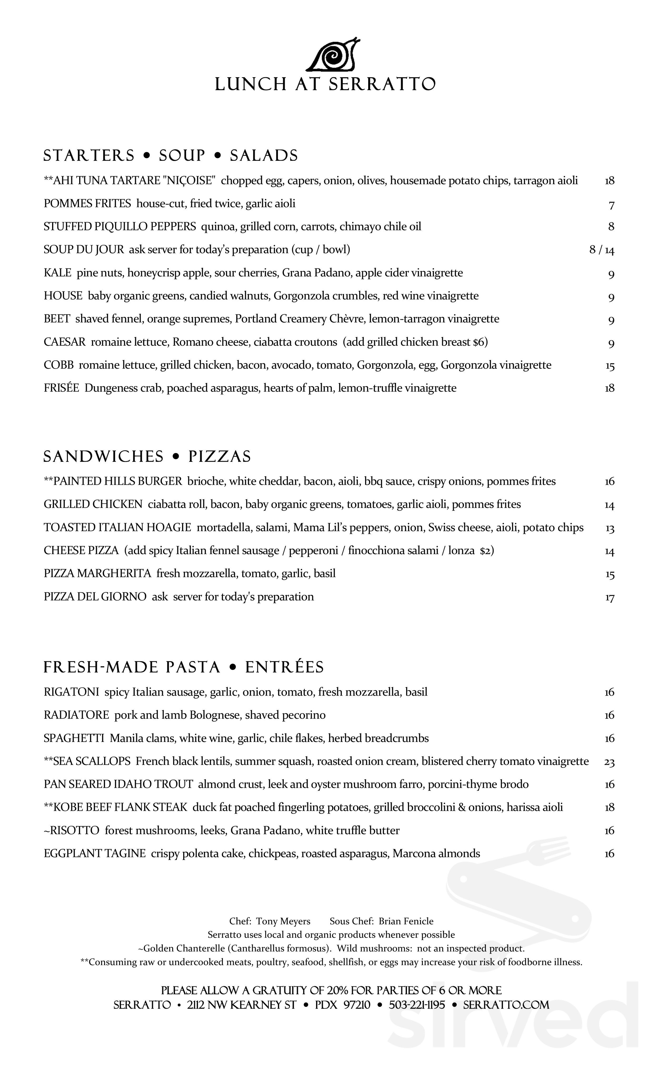 Serratto Restaurant and Bar menu in Portland, Oregon, USA