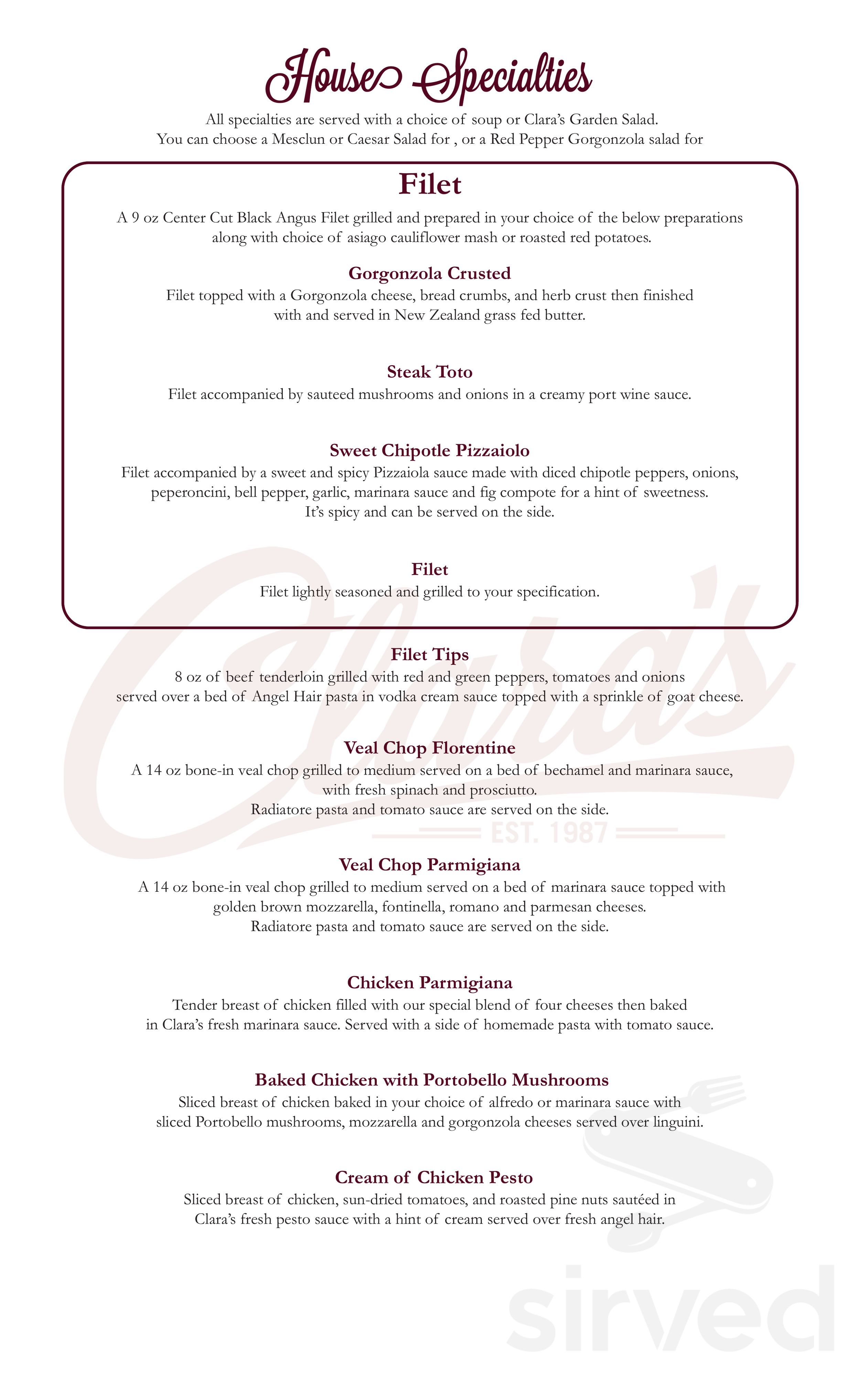 Clara's menu in Woodridge, Illinois, USA