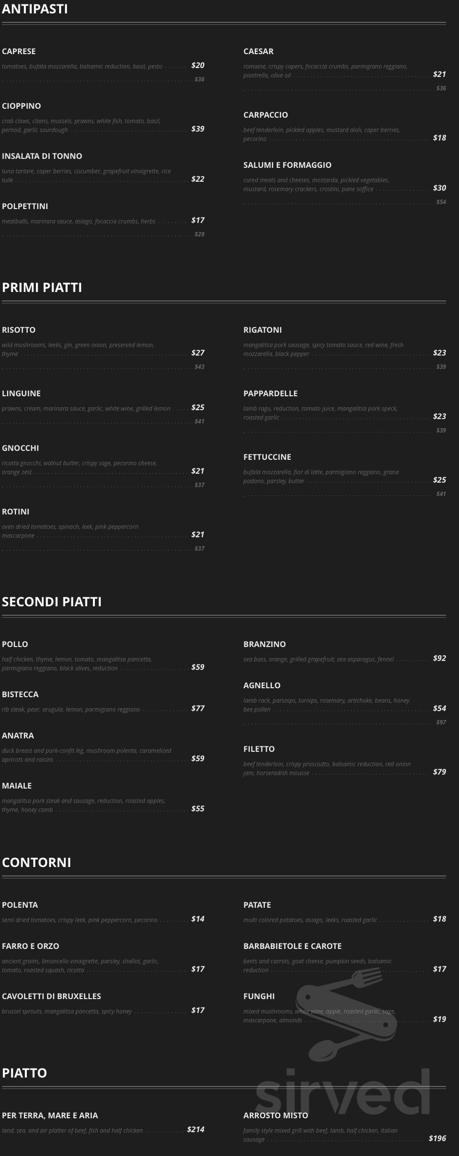 Vivo Ristorante Westend Menu - Edmonton, Alberta | Sirved