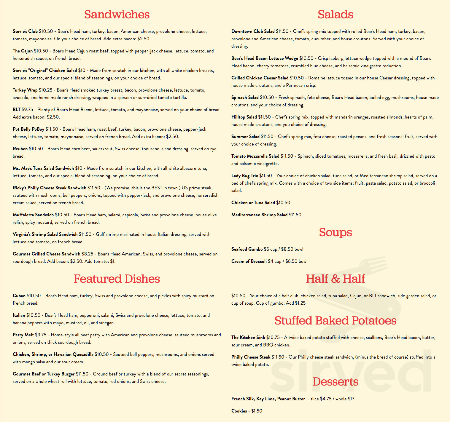 Menu for Stevie's Kitchen in Mobile, AL | Sirved